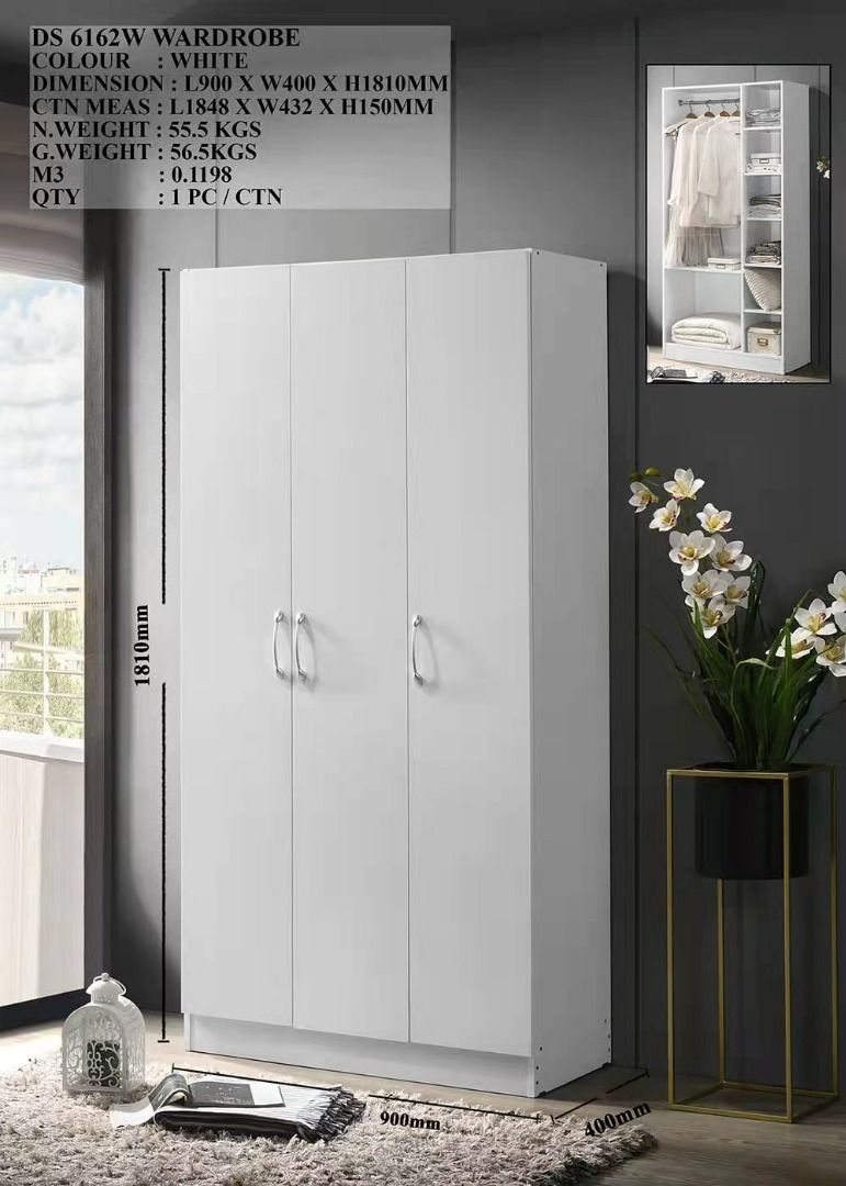 3 Door Wardrobe Solid Board with 6 Shelves - Almari Baju/ Wardrobe ...