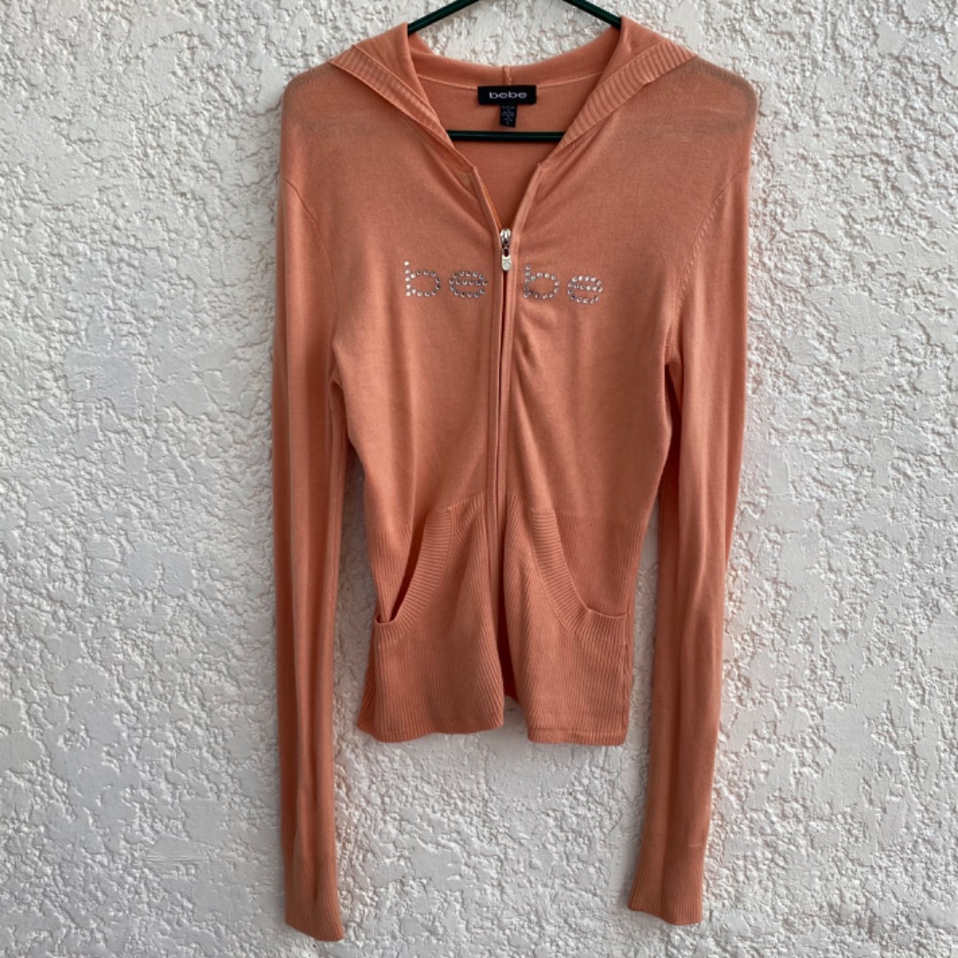 Bebe Knitted Full Zip Hooded Jacket (Peach), Women's Fashion, Coats ...