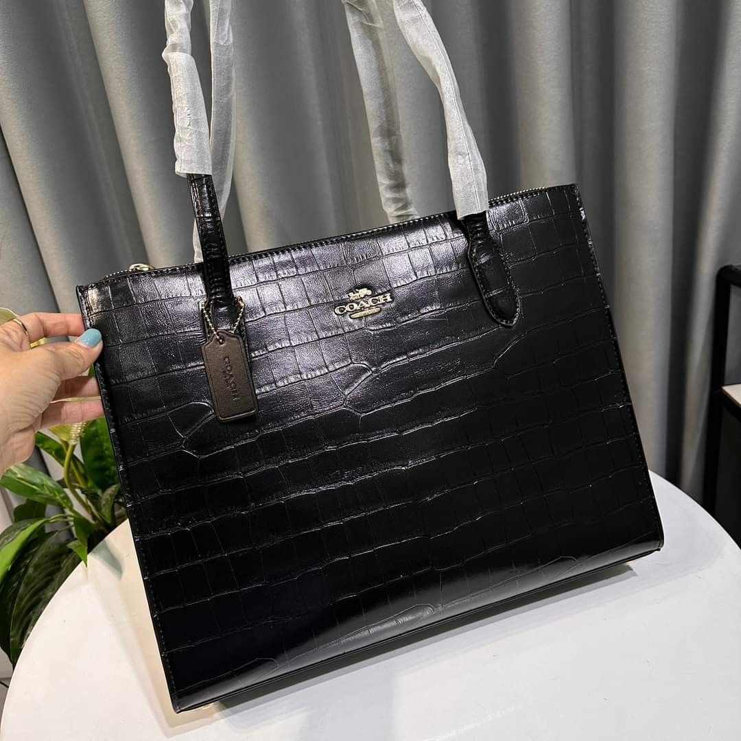 Coach Nina Tote in Black Crocodile Embossed Leather, Women's Fashion ...