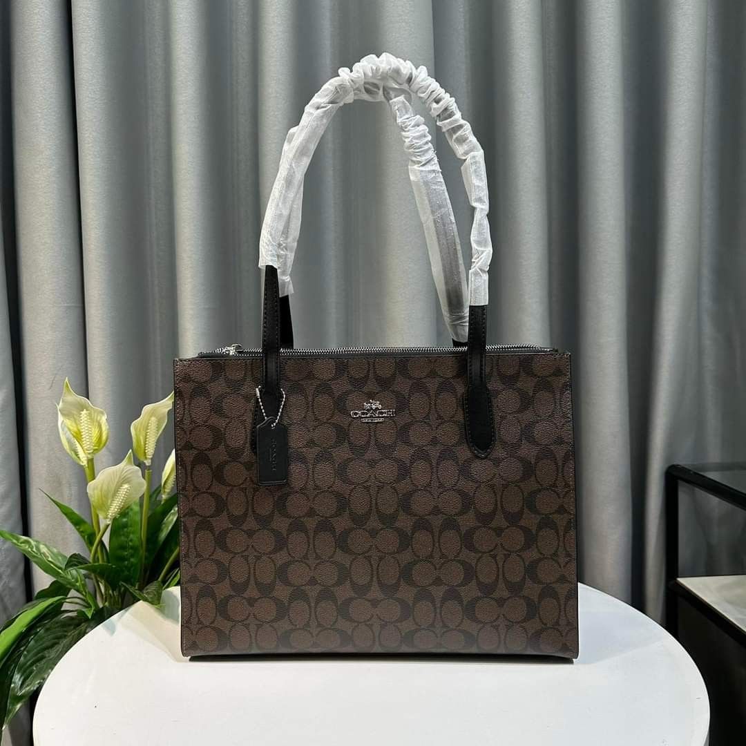 Coach Nina Tote in Signature Canvas Darkbrown, Women's Fashion, Bags ...