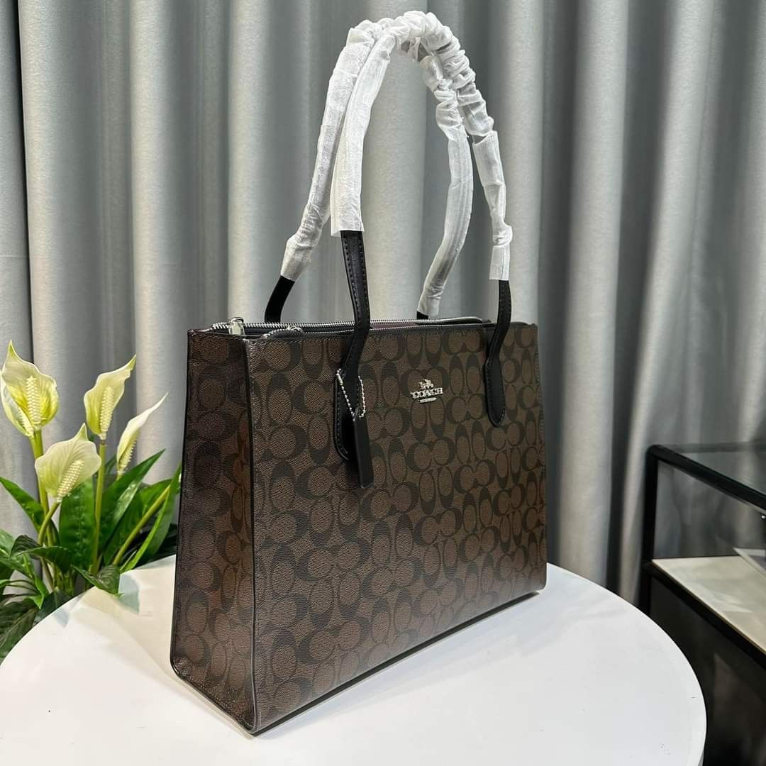 Coach Nina Tote in Signature Canvas Darkbrown, Women's Fashion, Bags ...