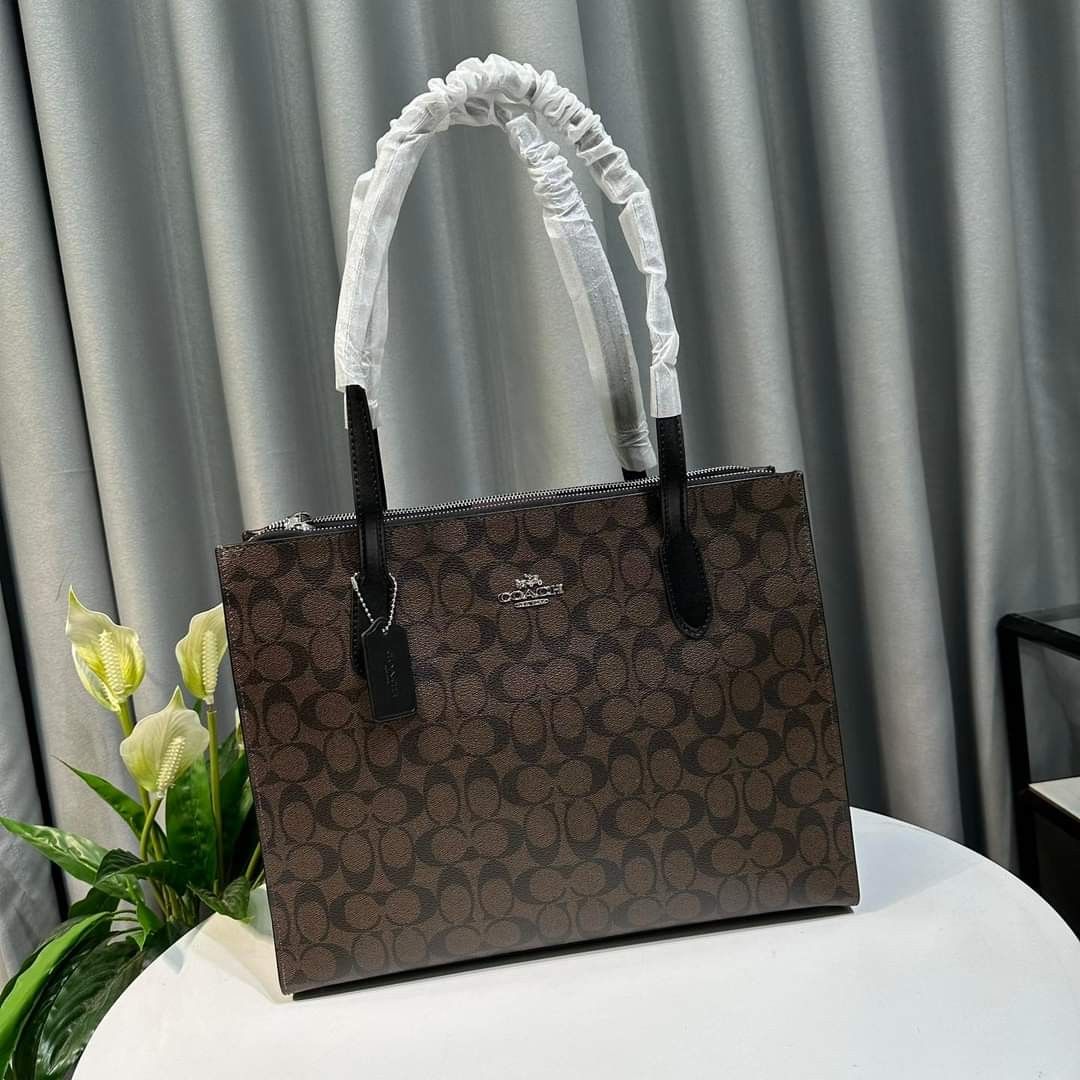Coach Nina Tote in Signature Canvas Darkbrown, Women's Fashion, Bags ...
