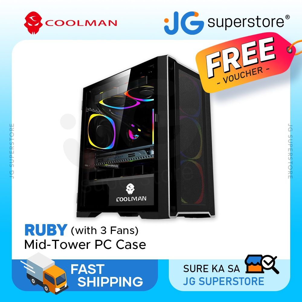 Coolman Ruby Mid-Tower Micro-ATX Gaming Case Case with 3 RGB Color Fans, Slide-On Tempered Glass ...