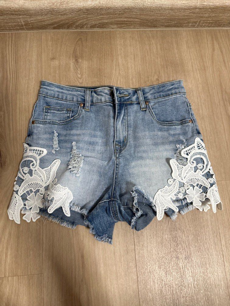 Crochet Denim Shorts, Women's Fashion, Bottoms, Shorts on Carousell