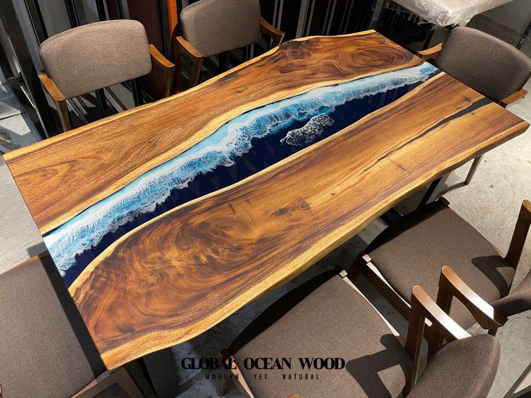 Custom Made OCEAN&WAVE Epoxy Resin Solid Wood Dining/ Coffee Table ...