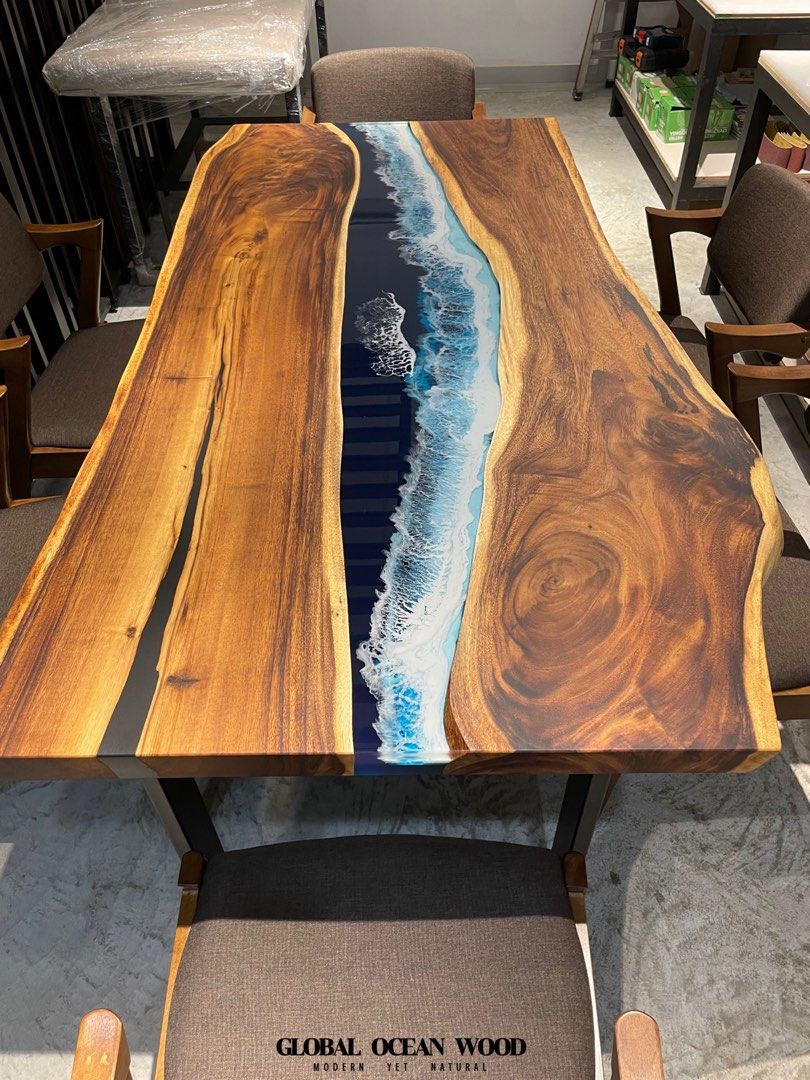 Custom Made OCEAN&WAVE Epoxy Resin Solid Wood Dining/ Coffee Table ...