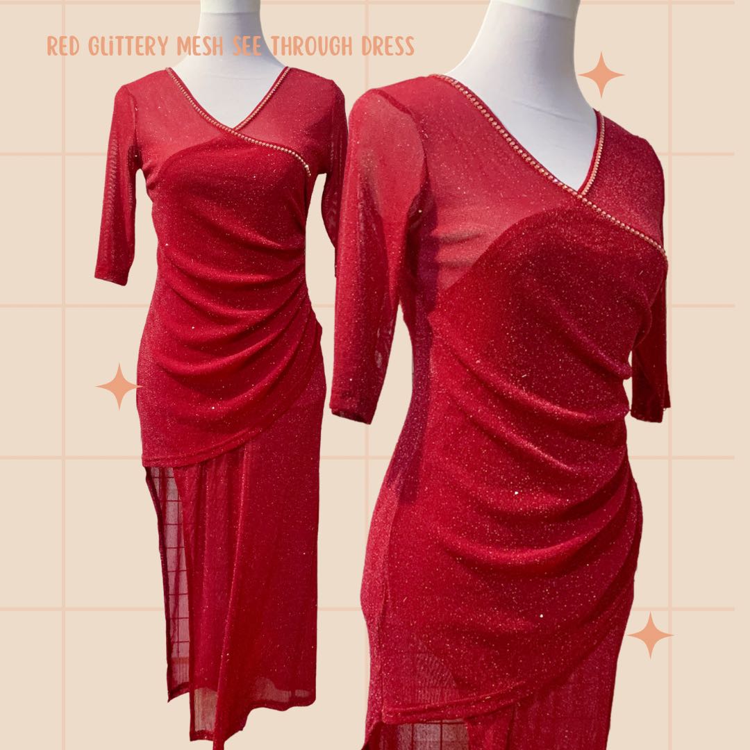 SHINY RED SEE THROUGH DRESS, Women's Fashion, Dresses & Sets, Dresses ...