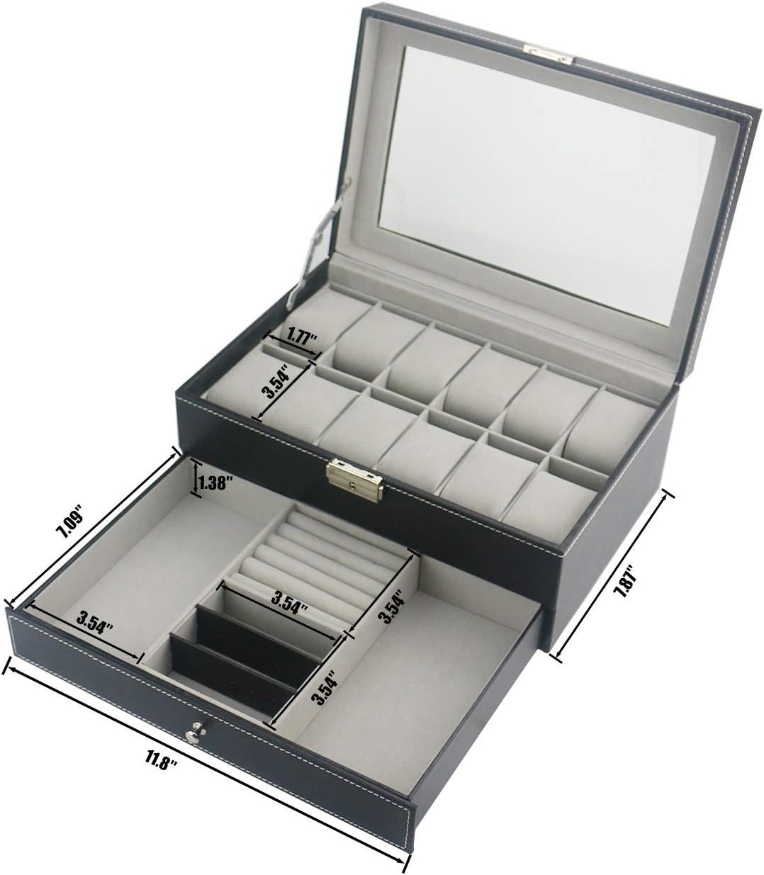 12 Slot PU Leather Lockable Watch Storage Boxes, Men & Women Jewellery ...