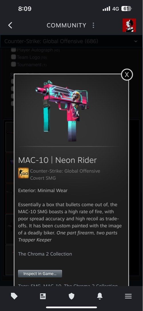 CSGO SKINS (MAC10 NEON RIDER), Video Gaming, Video Games, Others on Carousell