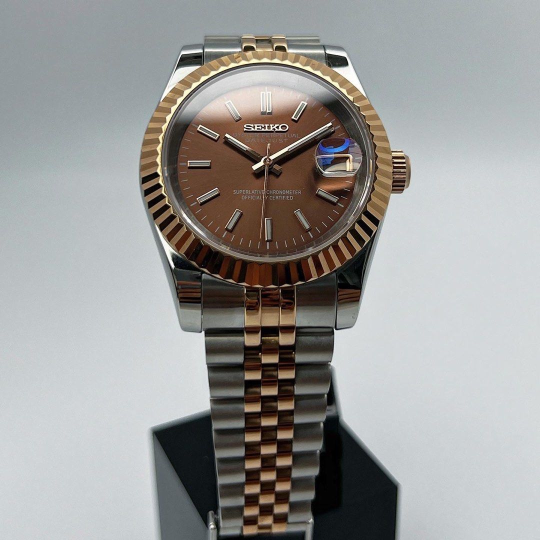 Custom Seiko Mod 2-tone rose gold Brown DateJust 39mm, Men's Fashion ...