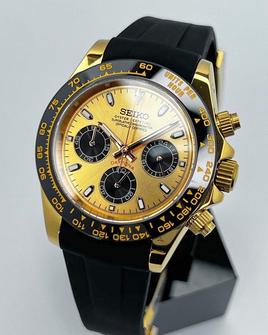 Custom Seiko Mod Gold Black Daytona on rubber 39.5mm, Men's Fashion ...