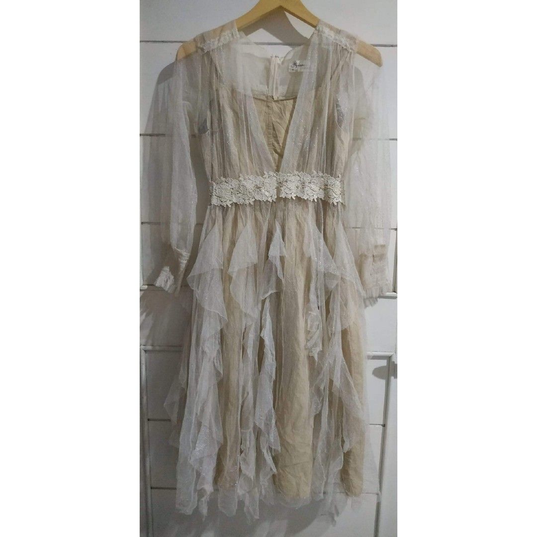 Dress korea ala princess kawai mori style cream gold lengan panjang ...