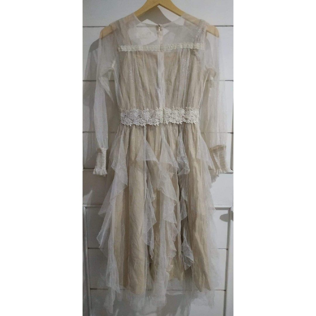 Dress korea ala princess kawai mori style cream gold lengan panjang ...