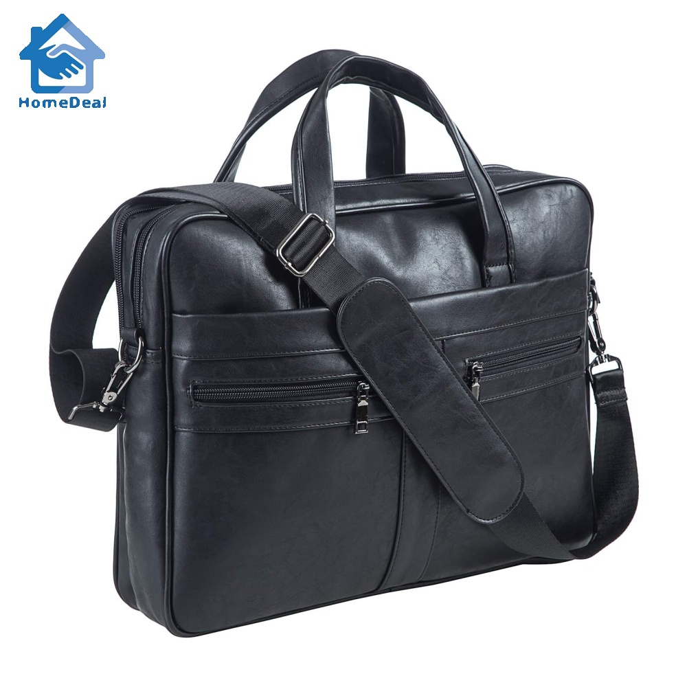 Men's Business Travel Briefcase Leather Handmade Messenger Bags Laptop Bag (Black-15.6inch), Men ...