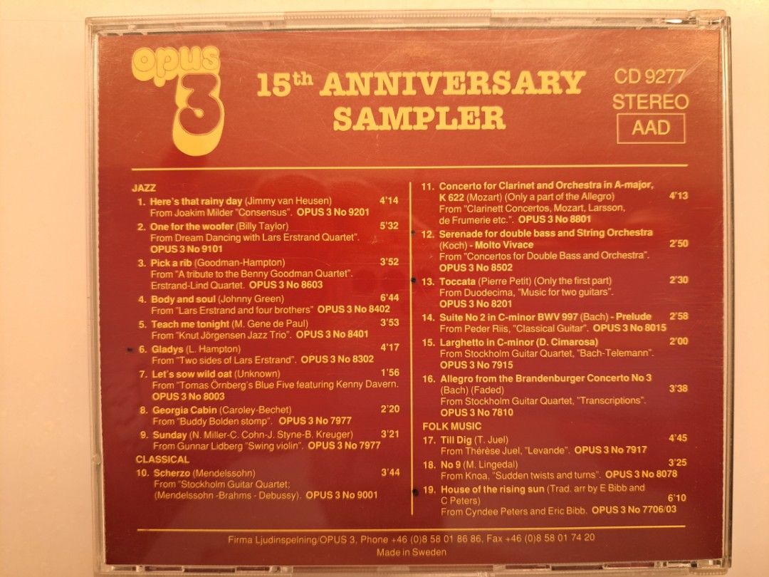 Opus 3: 15th Anniversary Sampler. Collection of Jazz, Classical and Folk Music recordings from ...