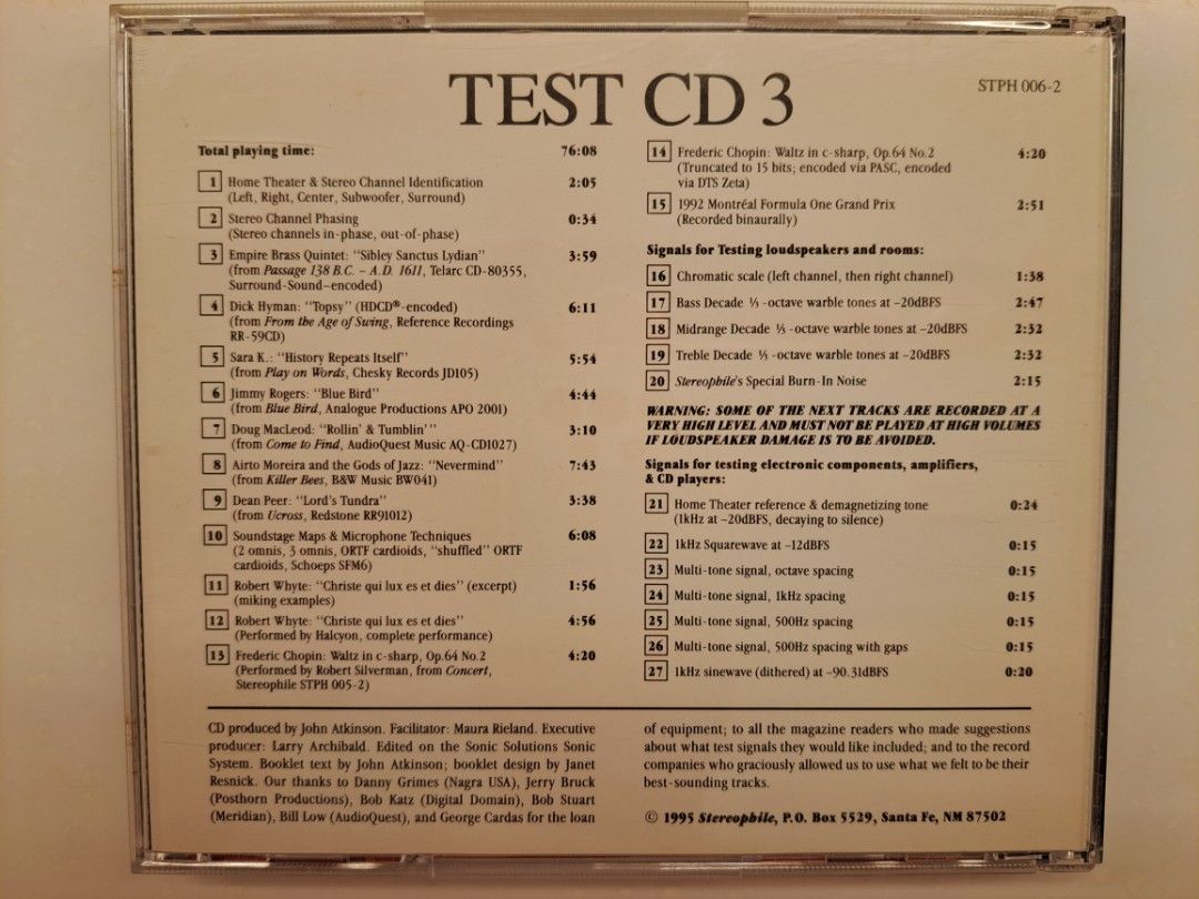 STEREOPHILE TEST CD 3. Must have Audiophile Test CD produced by John ...