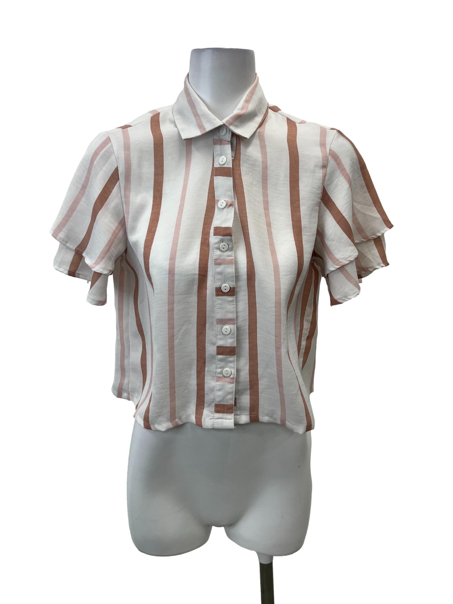 TRT White Multi Colour Striped Collared Button Up Ruffle Sleeve Blouse ...