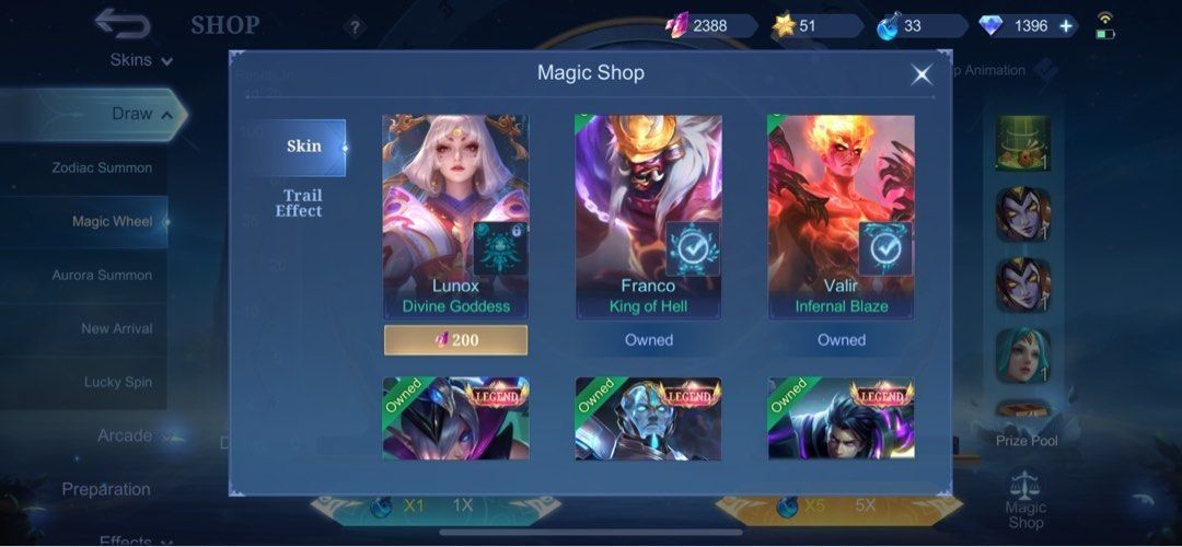 484 SKINS - Approx 12 legend crystals, 7 legend, 6 collector MLBB ...