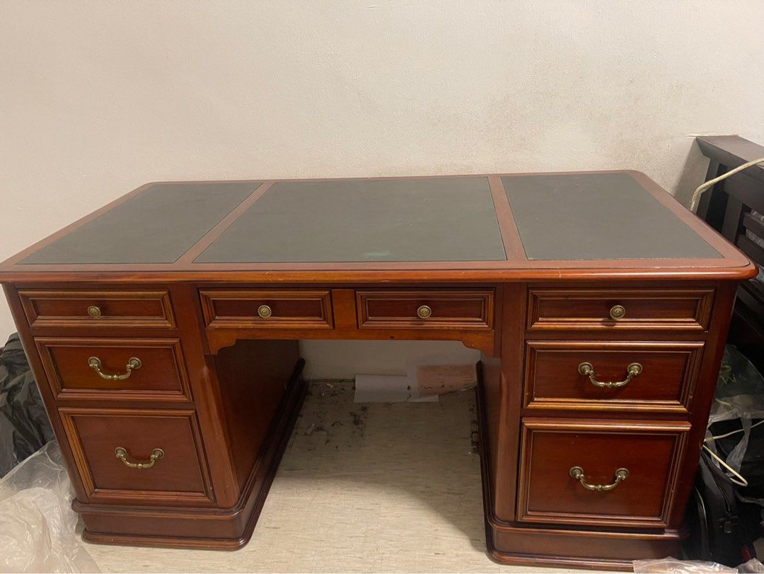 7 drawer wooden desk with leather inlay, Furniture & Home Living ...