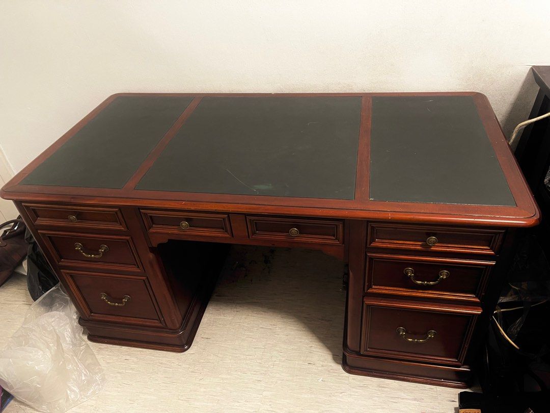 7 drawer wooden desk with leather inlay, Furniture & Home Living ...