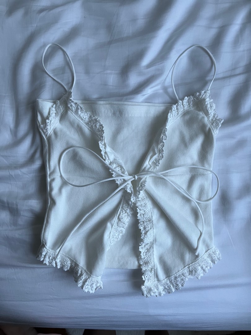 acubi, cottage core, soft girl, korean style white laced tank top cami ...