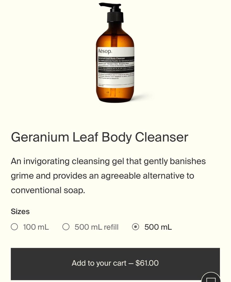 AESOP Geranium Leaf Body Cleanser 500ml, Beauty & Personal Care, Bath & Body, Bath on Carousell