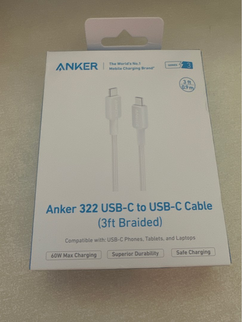 Anker 322 usb c to usb c cable (3ft braided) 60W max charging, Mobile Phones & Gadgets, Mobile ...