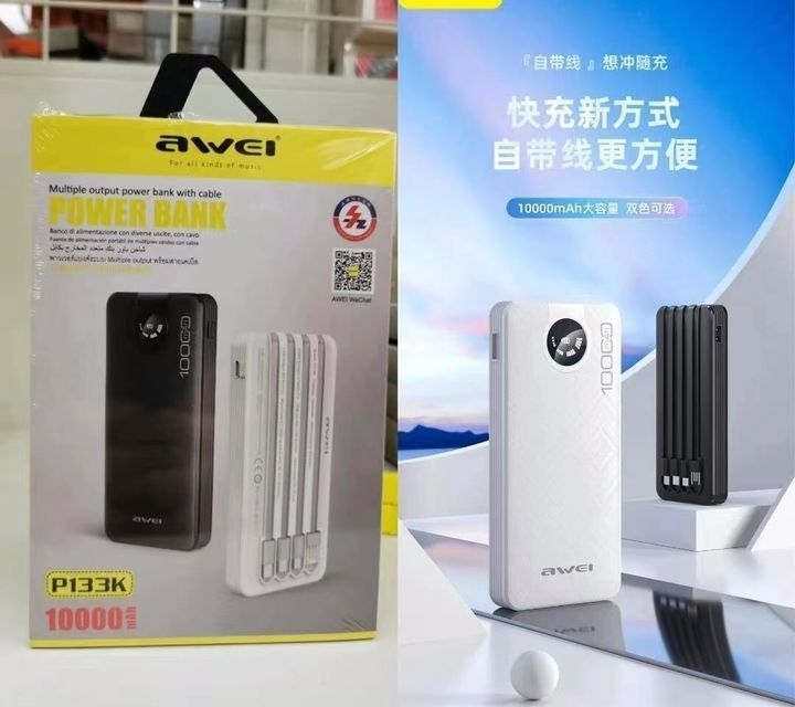 Awei P133K 10000mAh Portable Powerbank Built-in 4 Cables Output Power ...