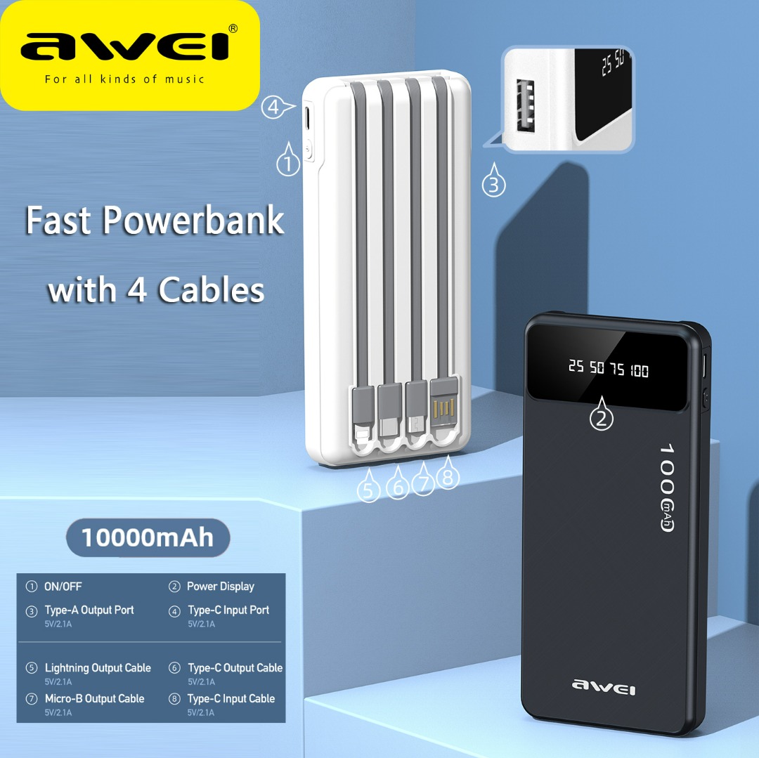 Awei P133K 10000mAh Portable Powerbank Built-in 4 Cables Output Power ...