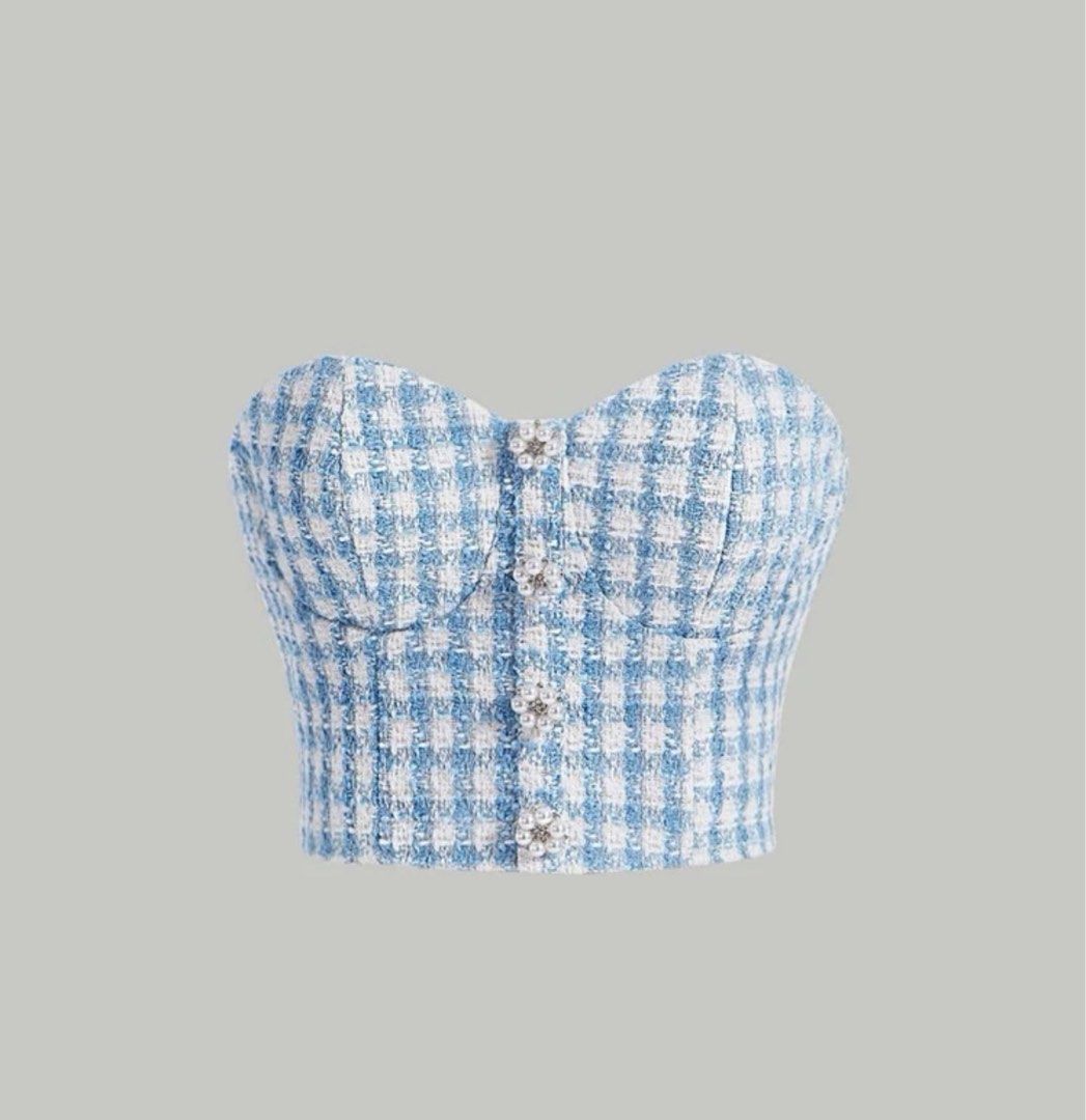 Blue pearl rhinestone Checkered TWEED Top, Women's Fashion, Tops ...