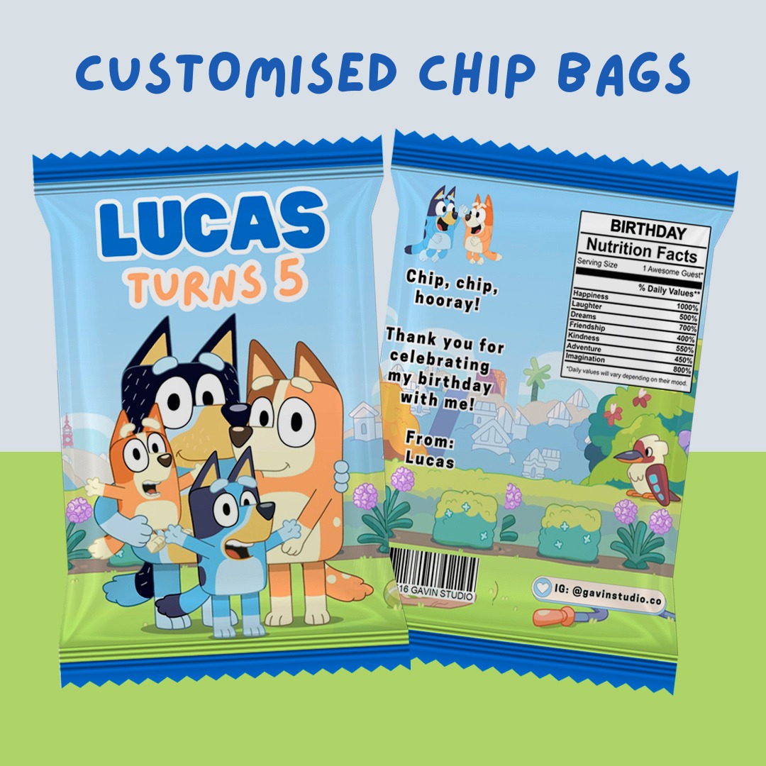 Customised Bluey and Bingo Theme Chip Bags Birthday Goodie Bags Custom ...