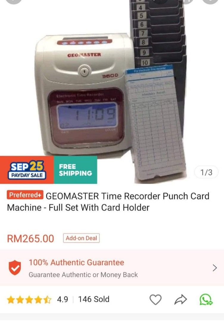 Geomaster Time Recorder Punch Card machine Full set with card holder ...