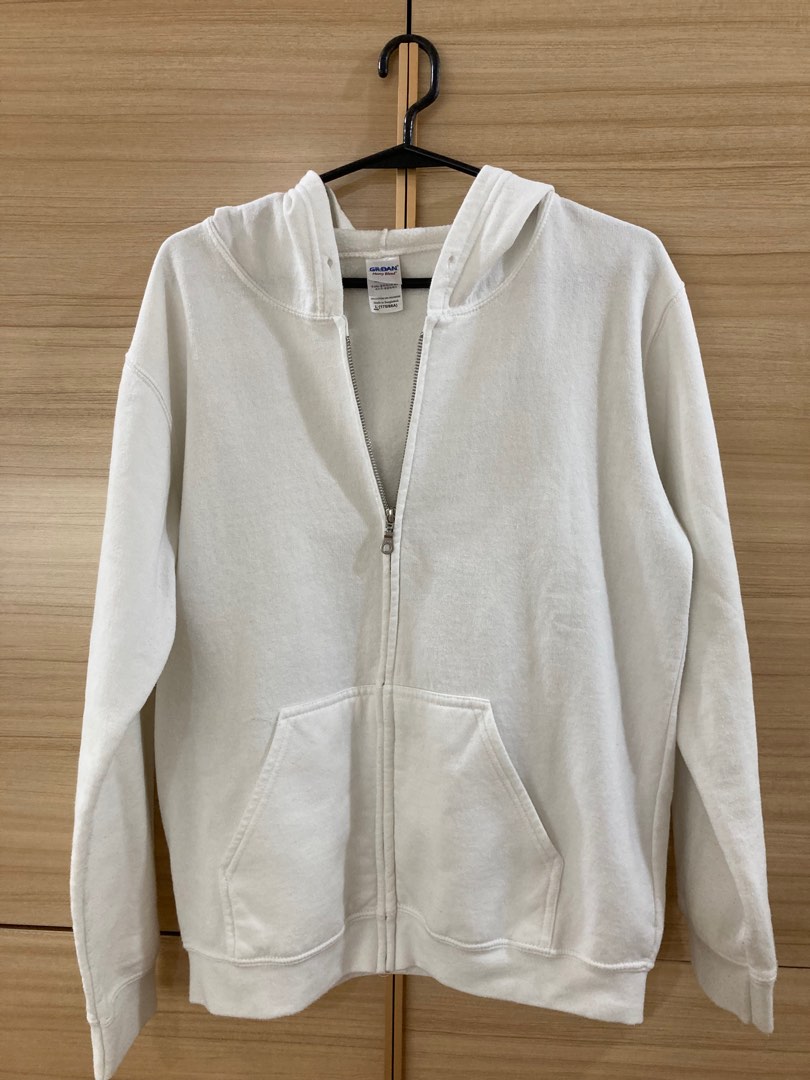 GILDAN White Zip Up Hoodie (L), Men's Fashion, Tops & Sets, Hoodies on ...
