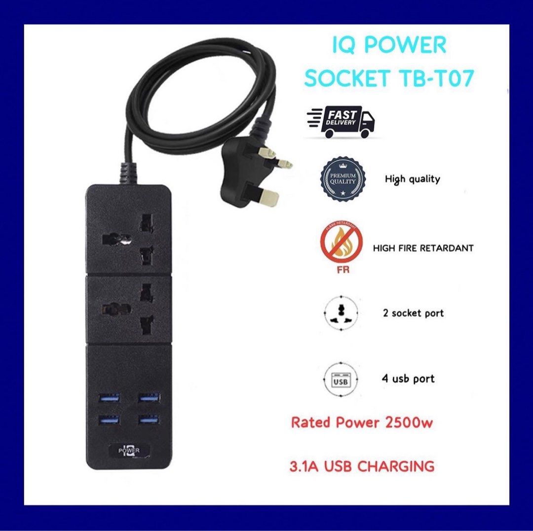 IQ Power Tb-T07 3.1A 2 Meter Flame Retardant Power Socket with 4 Usb ...