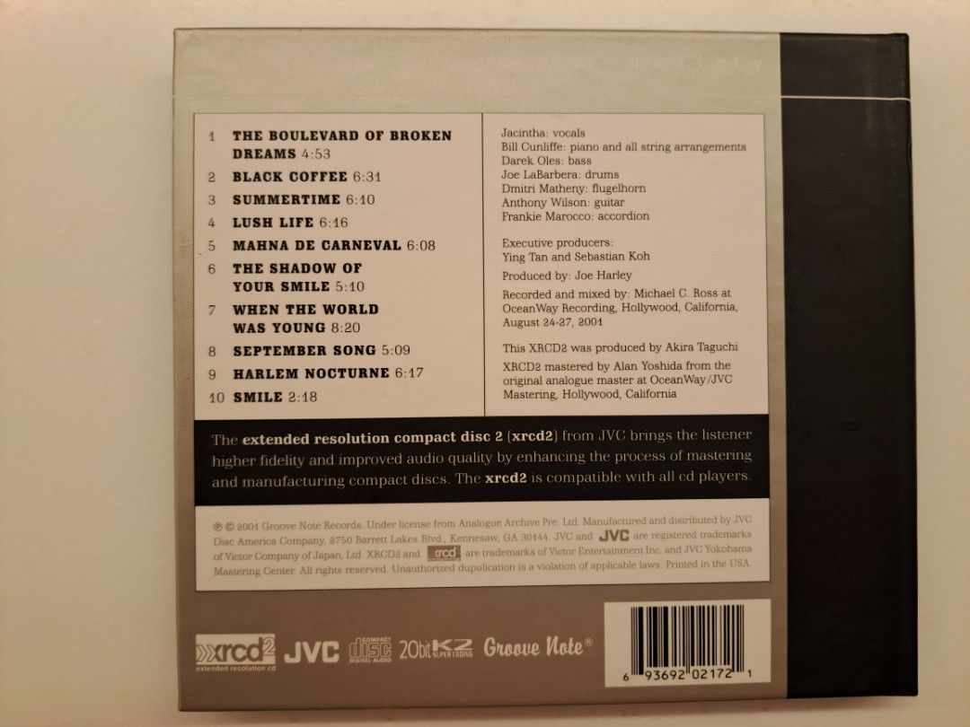 JVC XRCD2: Jacintha - Lush Life. 2001 Groove Note Records. XRCD2 Remastering and manufactured by ...