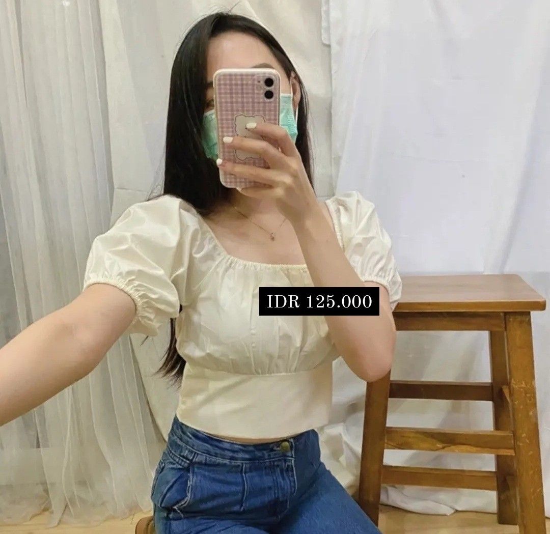 Krem Korean Puffy Top, Fesyen Wanita, Pakaian Wanita, Atasan di Carousell