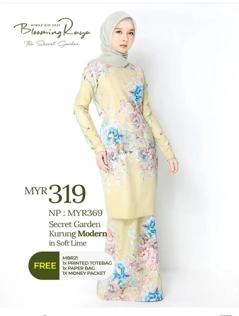 MINAZ KURUNG MODERN SECRET GARDEN LIME M, Women's Fashion, Muslimah ...
