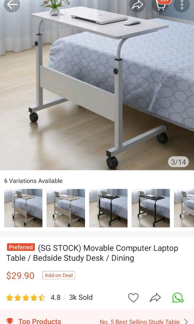 Movable Computer Laptop Table / Bedside Study Desk / Dining, Furniture ...