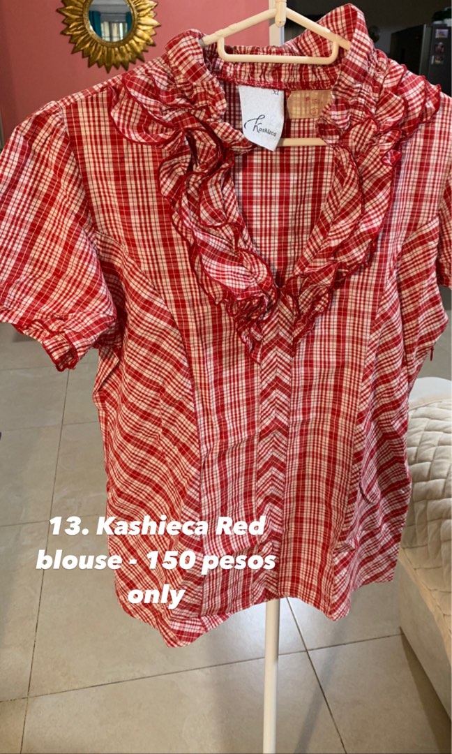 Red blouse with raffles, Women's Fashion, Tops, Blouses on Carousell