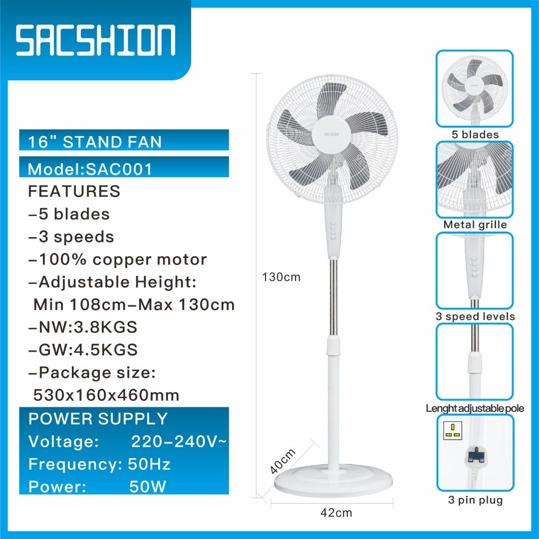 Sacshion 16“ 5 Blades 3 Speeds Stand Fan SAC001, Furniture & Home ...