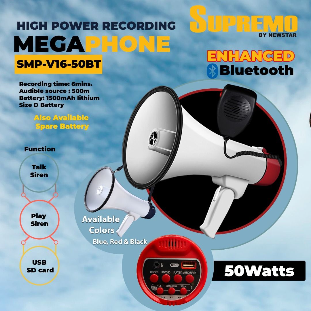 Supremo High Power Handheld Megaphone with Microphone 50Watts, Audio ...