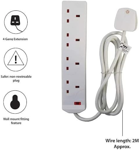 4 Way Gang Power Mains Extension Lead Cable 2M Metre 13A Amps Power ...