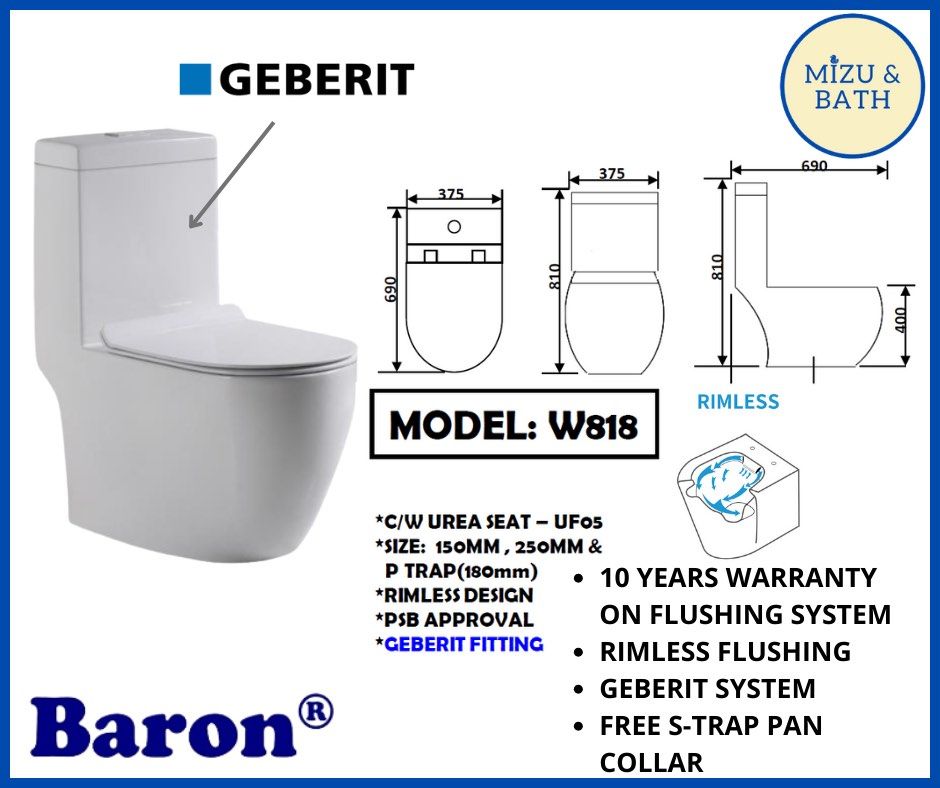 BARON W818 RIMLESS TOILET BOWL WITH GEBERIT FLUSHING SYSTEM, Furniture ...