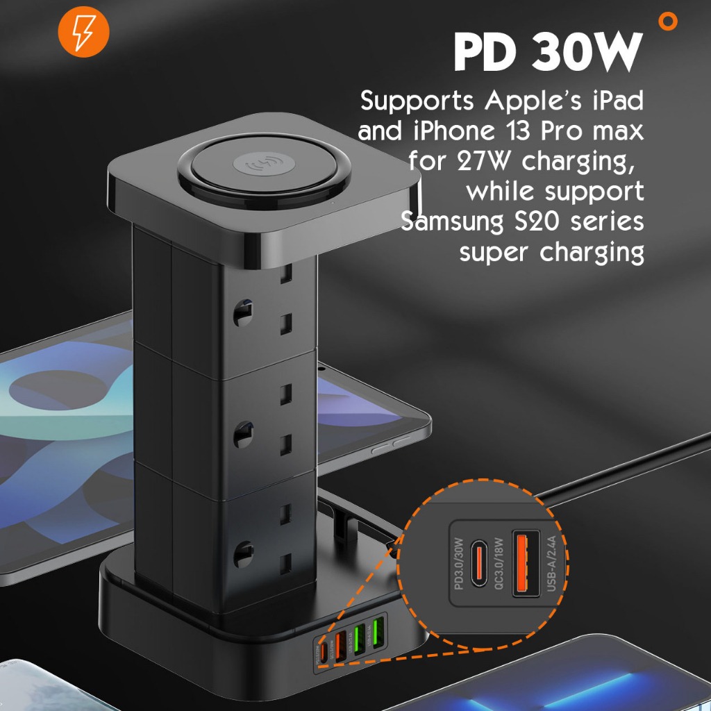 Heavy Duty Safety Vertical Power Strip Extension Socket Tower with USB C PD30W & QC3.0 Wirless ...