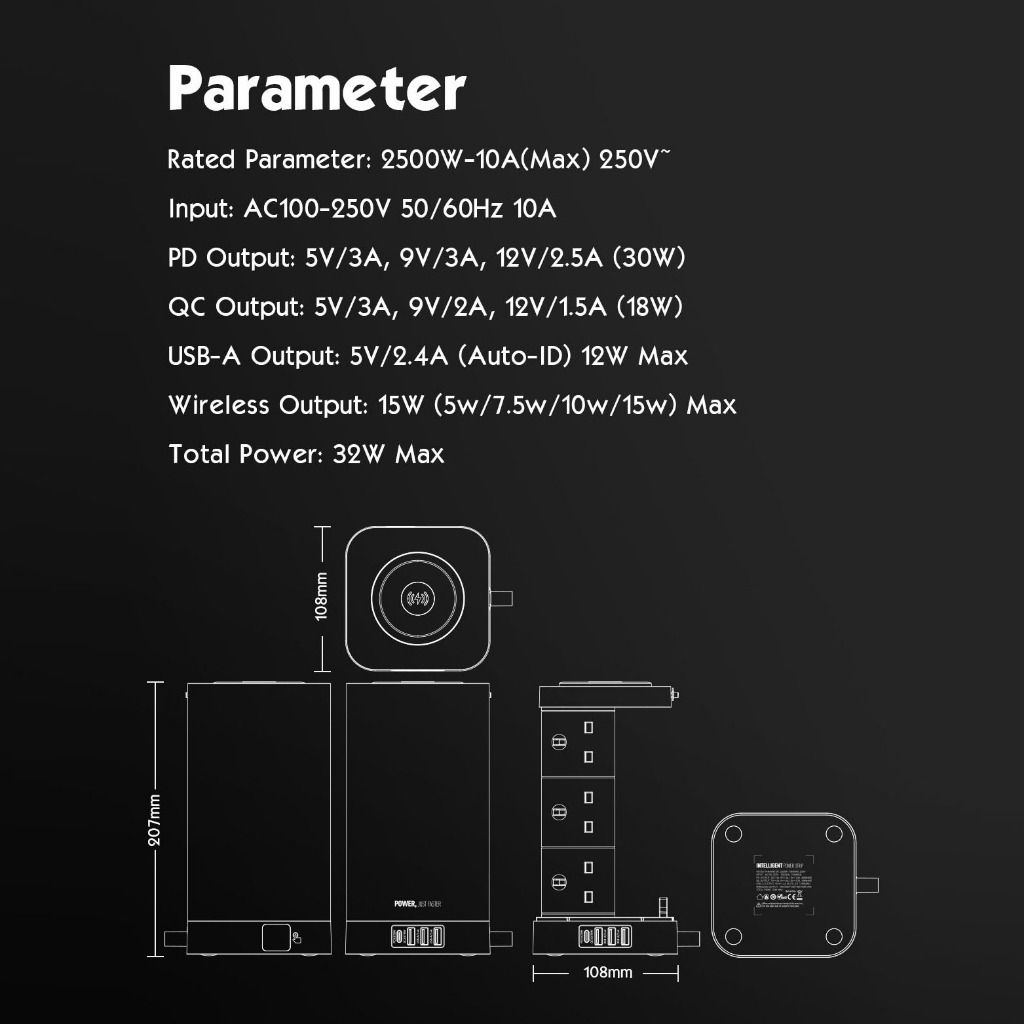 Heavy Duty Safety Vertical Power Strip Extension Socket Tower with USB ...