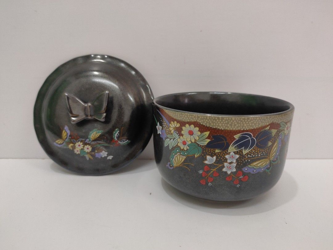 Japan Antique Rui Hand Painted Butterfly Floral Pottery with Lid ...