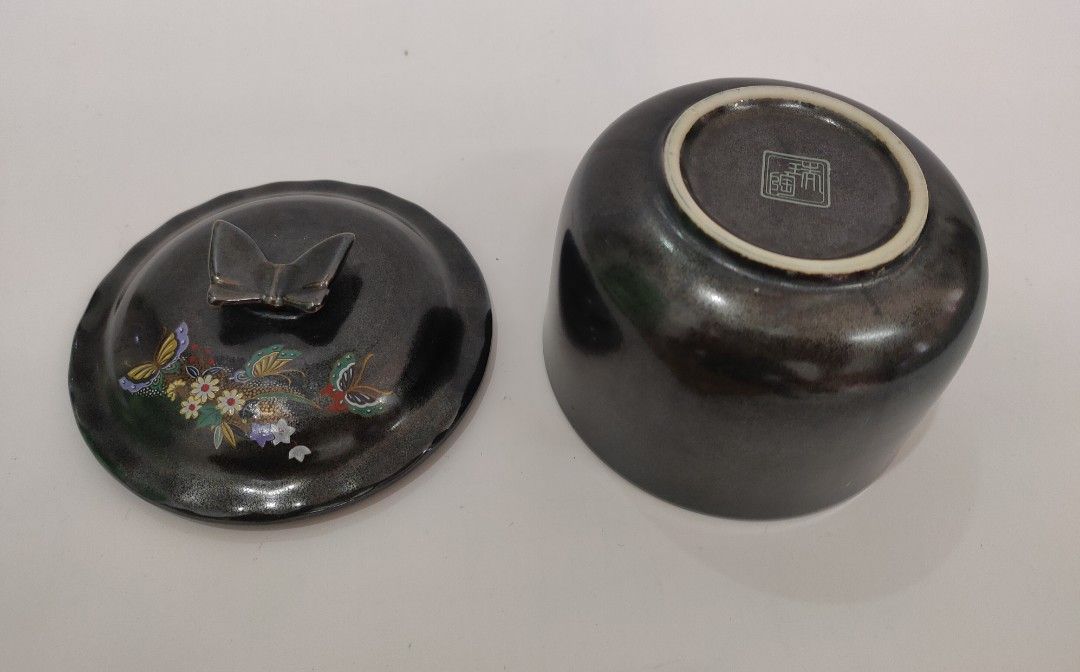 Japan Antique Rui Hand Painted Butterfly Floral Pottery with Lid ...