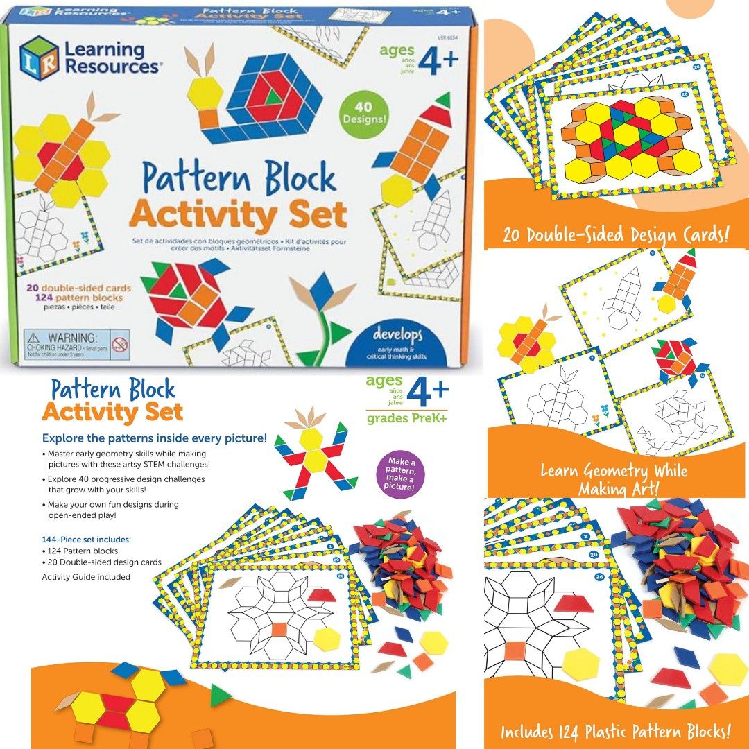Learning Resources Pattern Block Activity Set, 20 Double-Sided Cards, Puzzles for Kids, Easter ...