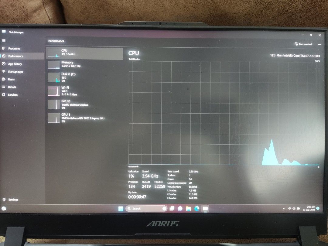 RTX 3070Ti Gigabyte Aorus 15 Gaming laptop i7-12700H processor 32GB ram ...