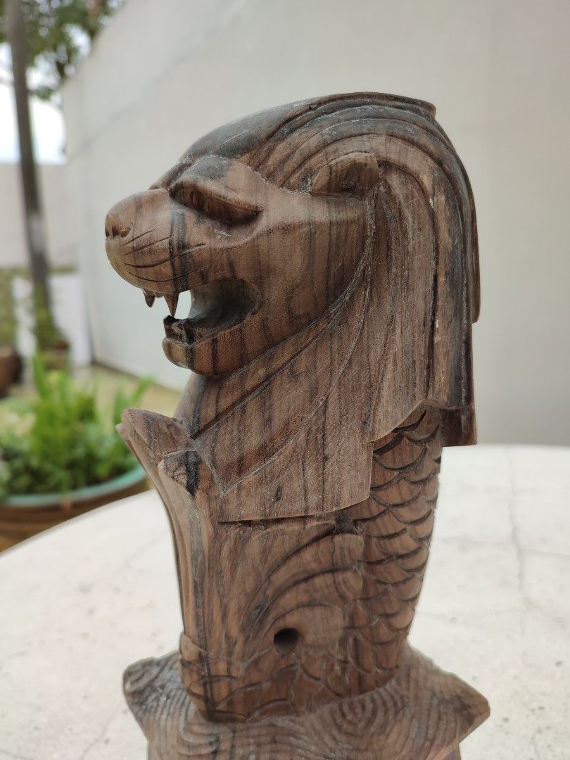 Beautiful Carving of Singapore Merlion Solid Wood Statue, Furniture ...